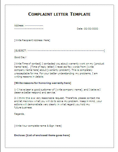 Complaint Letter Template | Professional Word Templates Complaint Letter Template | Professional Word Templates